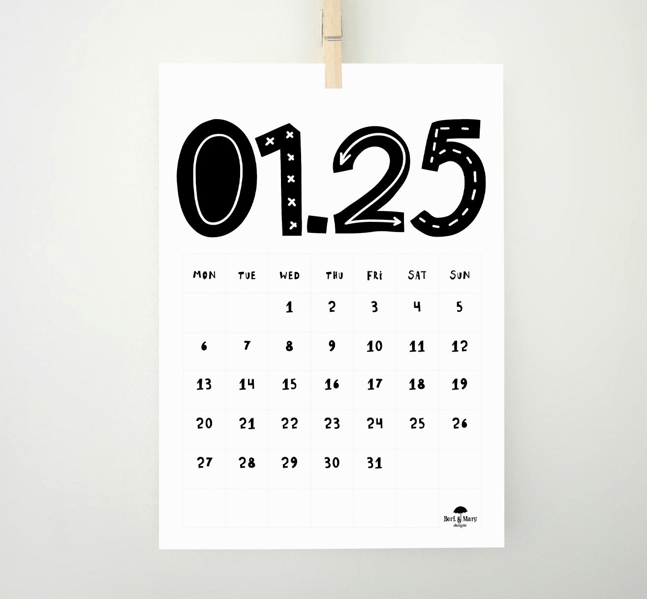 Tall Numbers Printable Calendar, 2025 Calendar – Bert and Mary Designs
